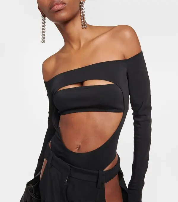 MUGLER Circle Off-shoulder Cutout Bodysuit