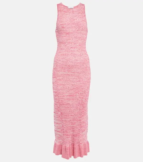 GANNI Ribbed-knit Midi Dress - Multicoloured