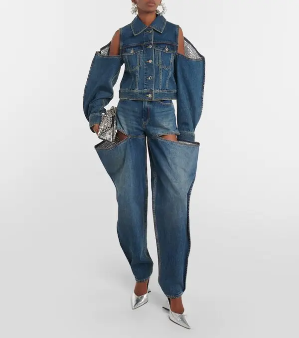 AREA Embellished Cutout Denim Jacket