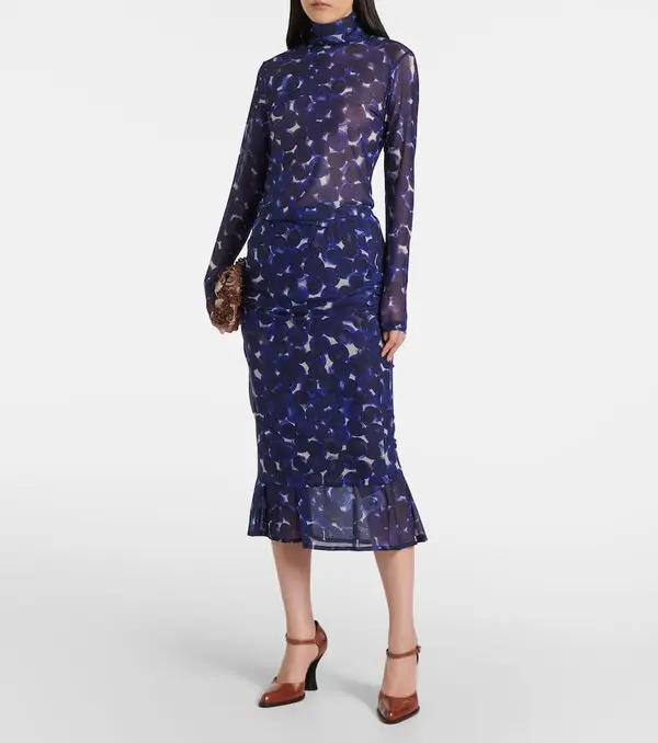 Dries Van Noten Printed Gathered Jersey Midi Skirt