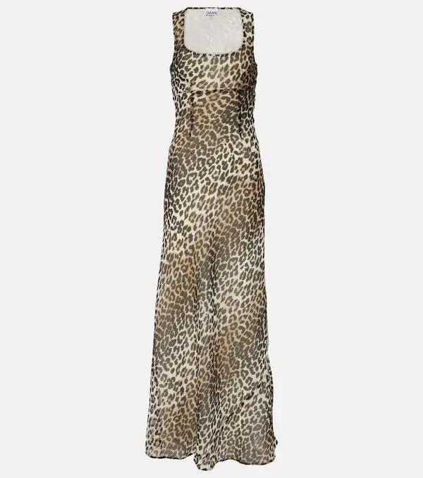 GANNI Leopard-print Chiffon Maxi Dress - Brown