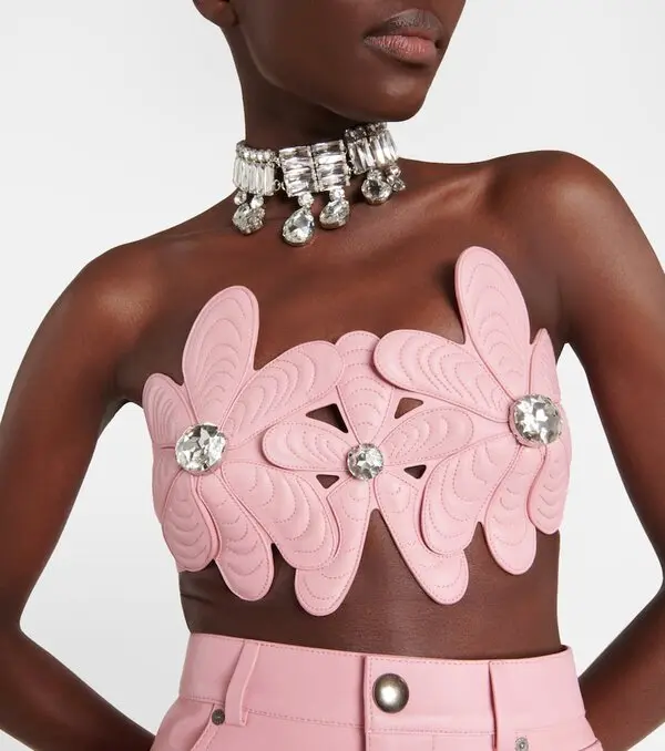 AREA Mussel Flower Embellished Leather Strapless Top