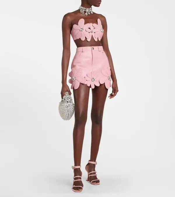 AREA Mussel Flower Embellished Leather Strapless Top