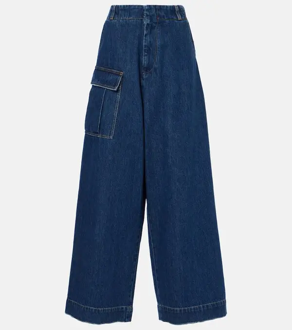 Plan C Mid-rise Wide-leg Denim Cargo Pants