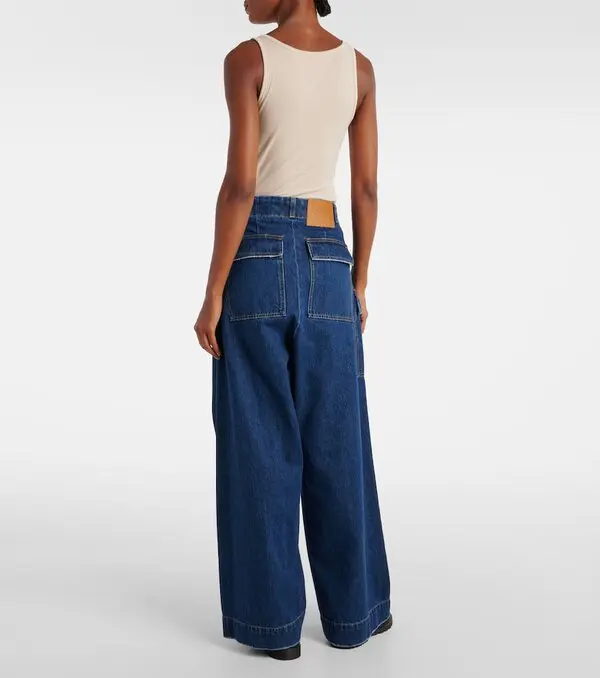 Plan C Mid-rise Wide-leg Denim Cargo Pants