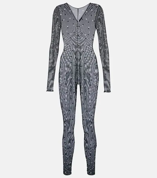 Oseree Gem Embellished Mesh Jumpsuit - Black