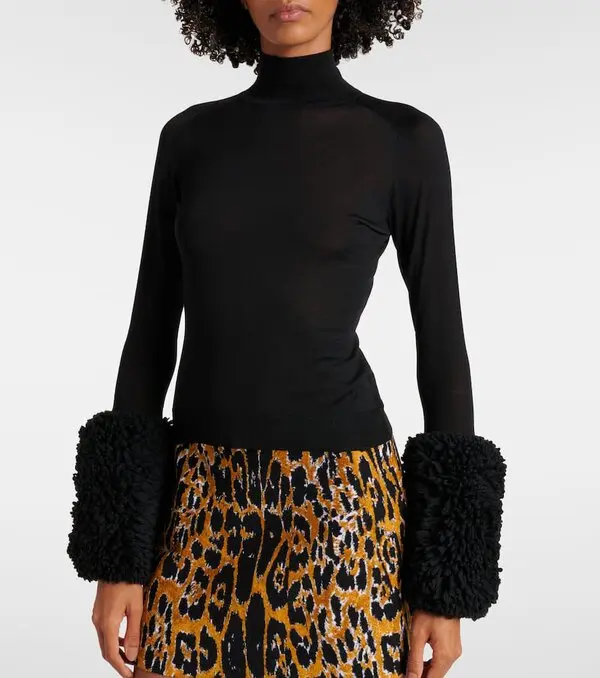 Alaïa Faux Fur-trimmed Wool Turtleneck Top