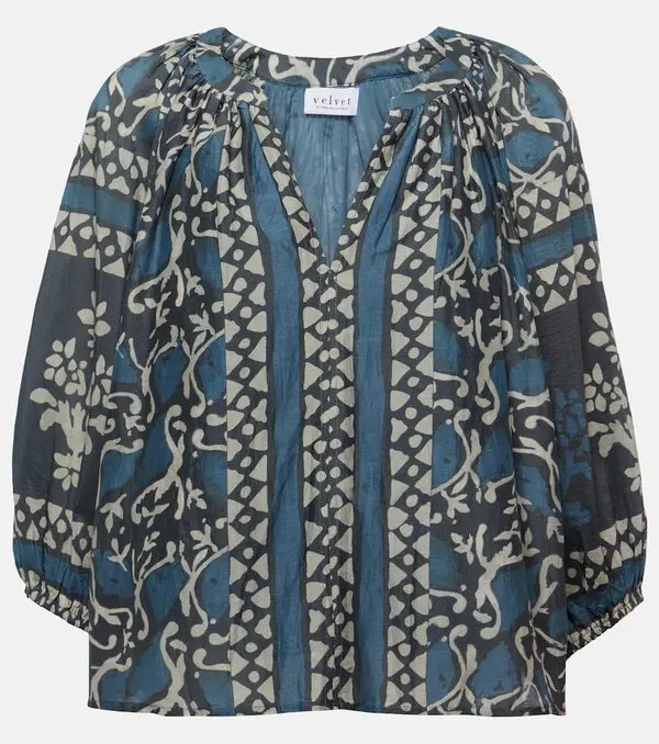 Velvet By Graham & Spencer Dayana Printed Cotton And Silk Blouse - Blue