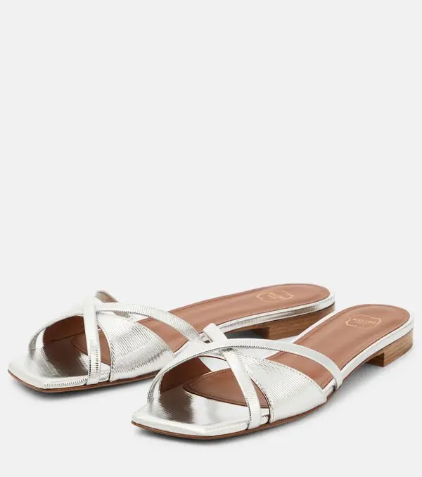MALONE SOULIERS Penn Embossed Leather Slides - Silver