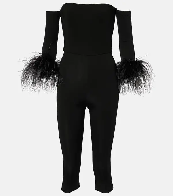 THE NEW ARRIVALS ILKYAZ OZEL Feather-trimmed Off-shoulder Jumpsuit - Black