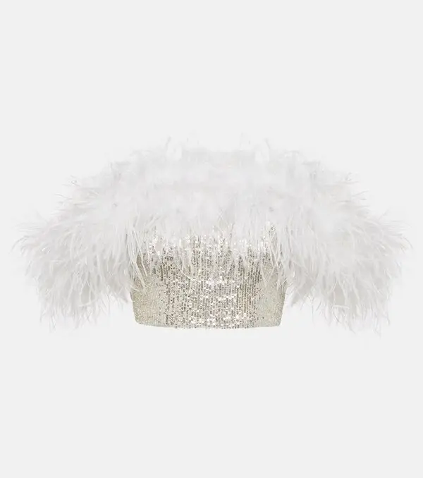 SELF-PORTRAIT Sequined Feather-trimmed Crop Top - Silver