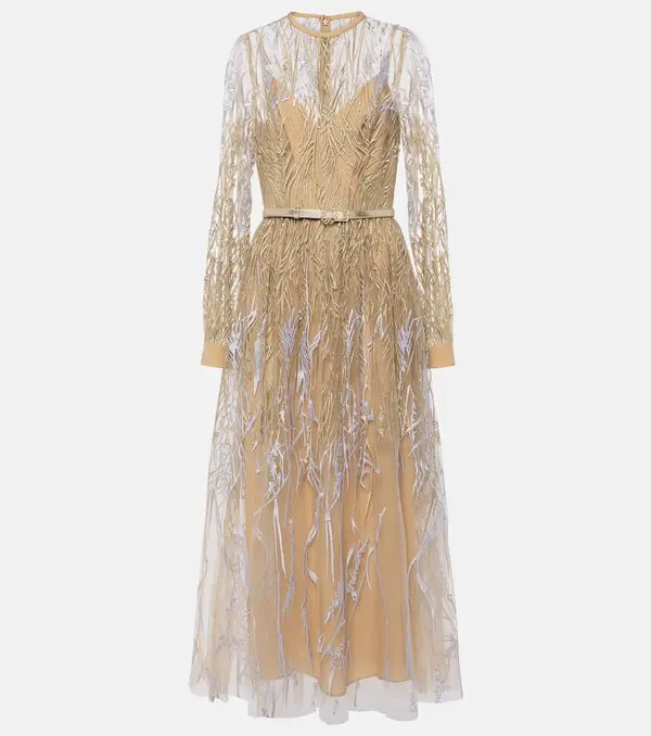 Elie Saab Embroidered Tulle Midi Dress