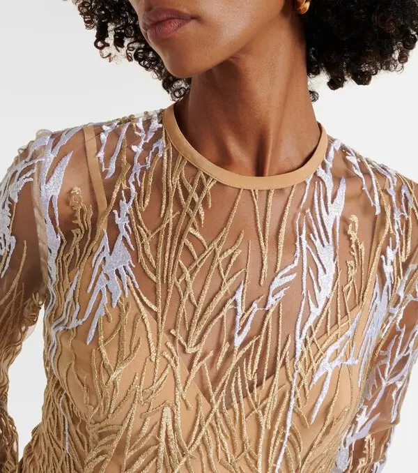 Elie Saab Embroidered Tulle Midi Dress