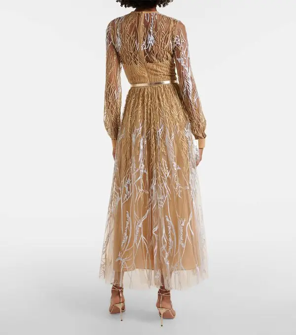 Elie Saab Embroidered Tulle Midi Dress