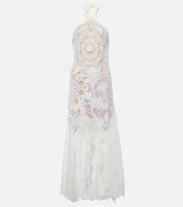 Oscar De La Renta Crochet Guipure Lace Gown - White