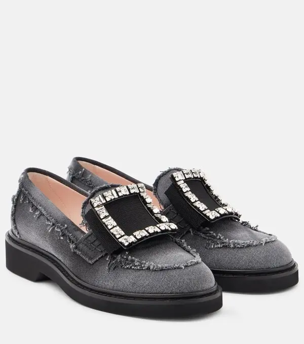ROGER VIVIER Embellished Denim Loafers - Grey