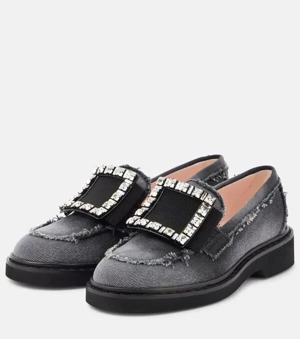 ROGER VIVIER Embellished Denim Loafers - Grey
