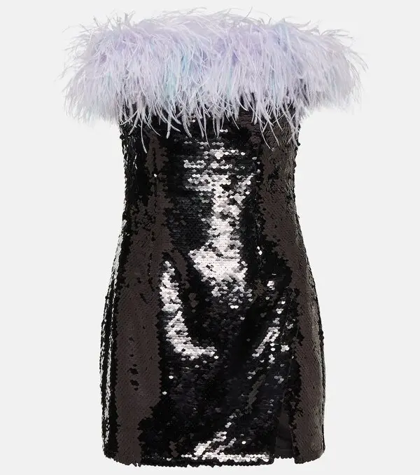 SELF-PORTRAIT Feather-trimmed Sequined Mini Dress