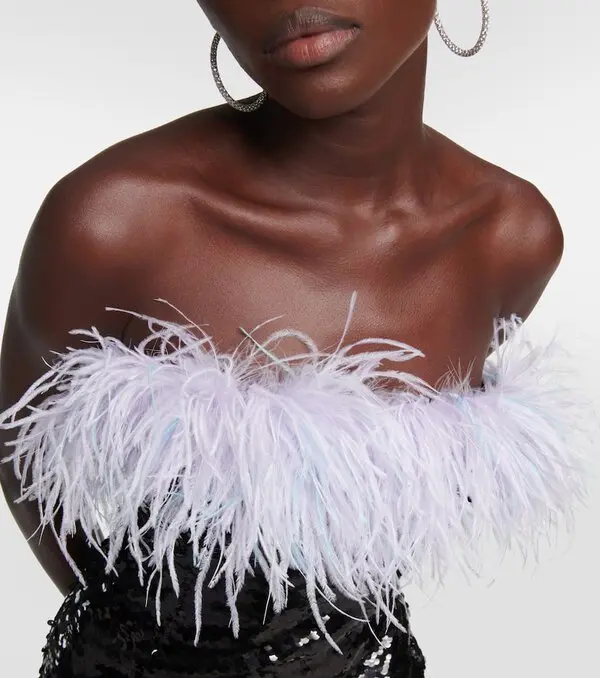 SELF-PORTRAIT Feather-trimmed Sequined Mini Dress