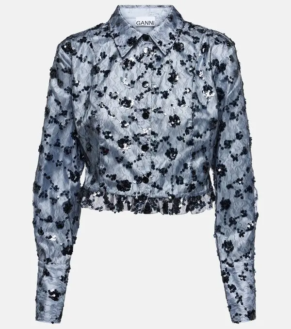 GANNI Sequined Lace Cropped Shirt
