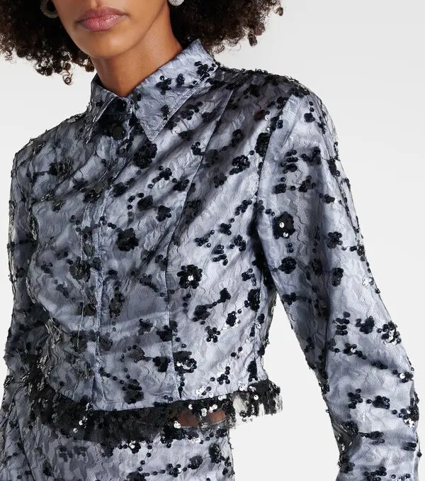 GANNI Sequined Lace Cropped Shirt