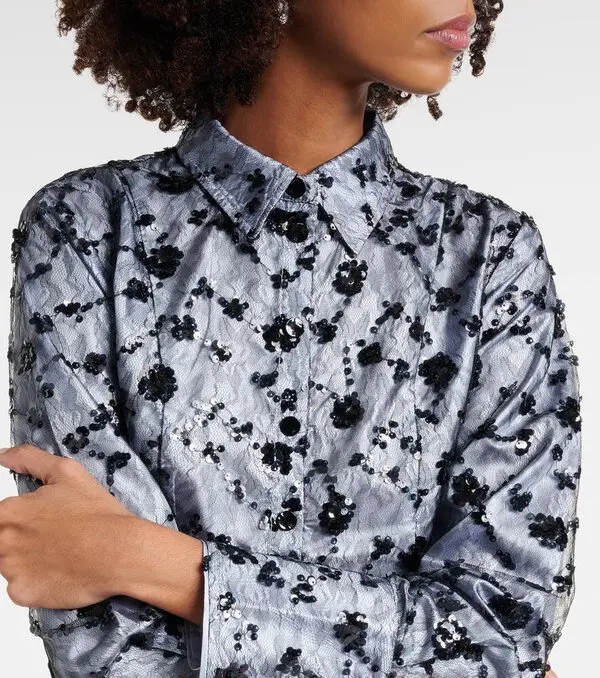 GANNI Sequined Lace Cropped Shirt
