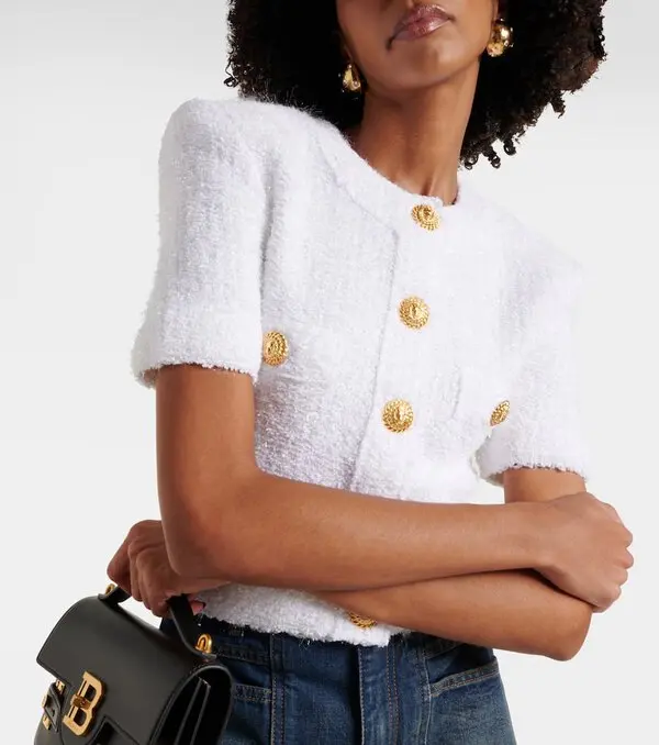 Balmain Cropped Cardigan With Gold-tone Buttons - White