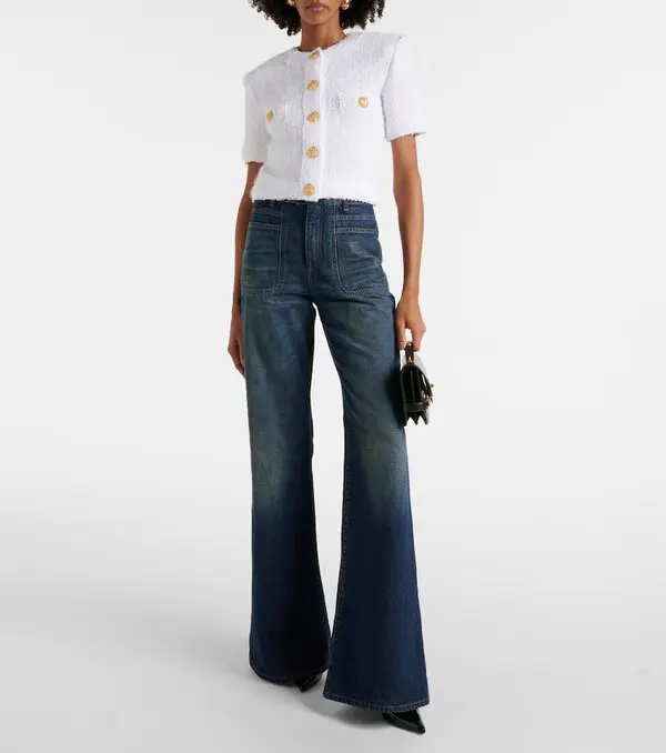 Balmain Cropped Cardigan With Gold-tone Buttons - White