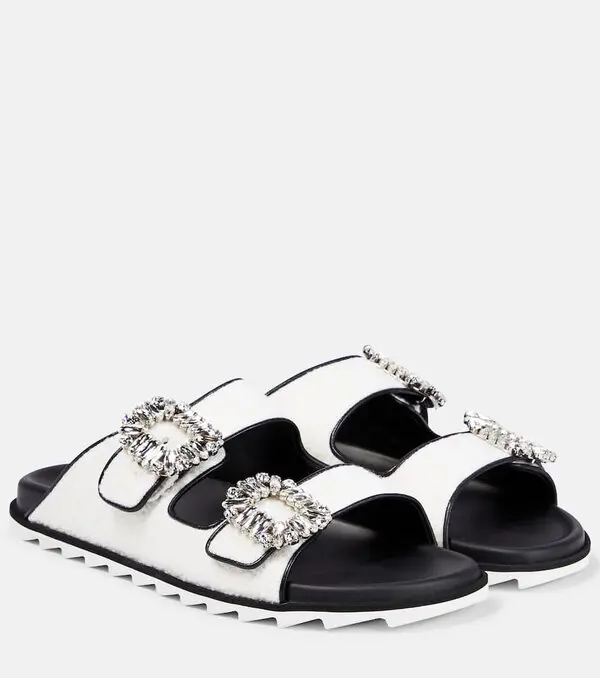 ROGER VIVIER Slidy Viv’ Embellished Boucle Sandals - White