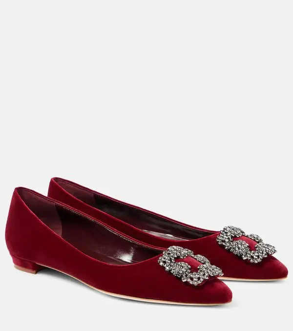 Manolo Blahnik Hangisi Embellished Velvet Ballet Flats - Red