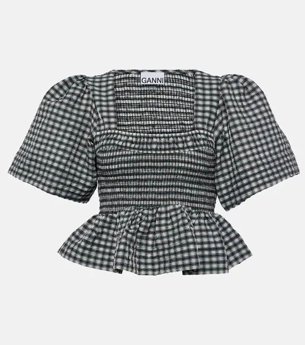 GANNI Checked Seersucker Peplum Top