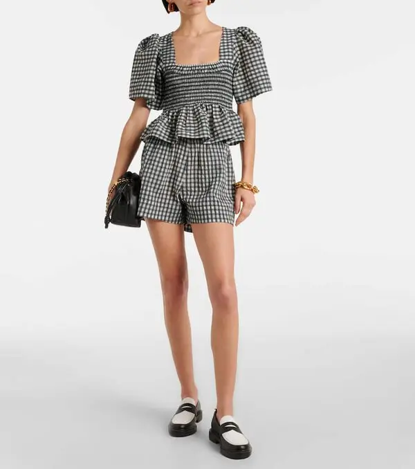 GANNI Checked Seersucker Peplum Top