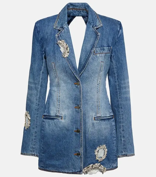 AREA Embellished Cutout Denim Blazer