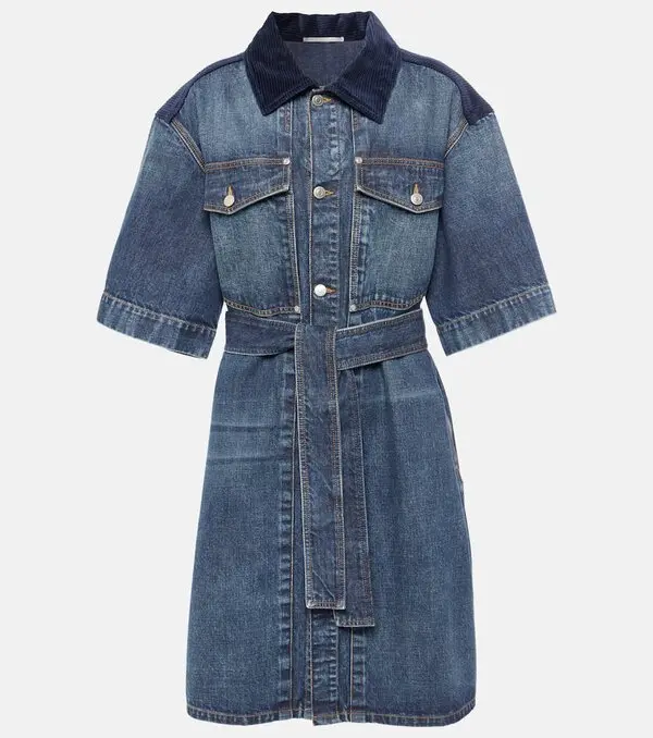 Stella McCartney Corduroy-trimmed Denim Minidress - Blue