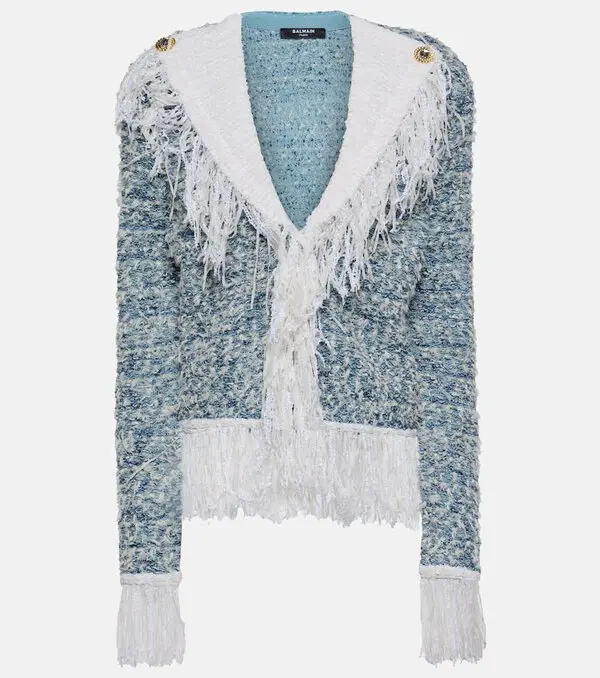 Balmain Fringed Denim Tweed Jacket - Blue