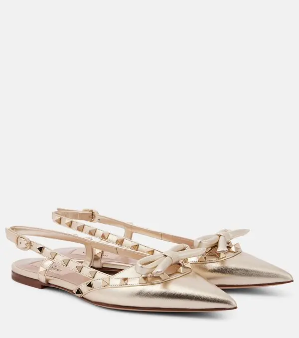Valentino Garavani Rockstud Leather Slingback Flats - Gold