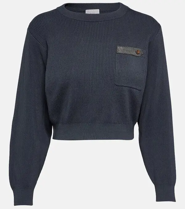 Brunello Cucinelli Cropped Ribbed-knit Cotton Sweater - Blue