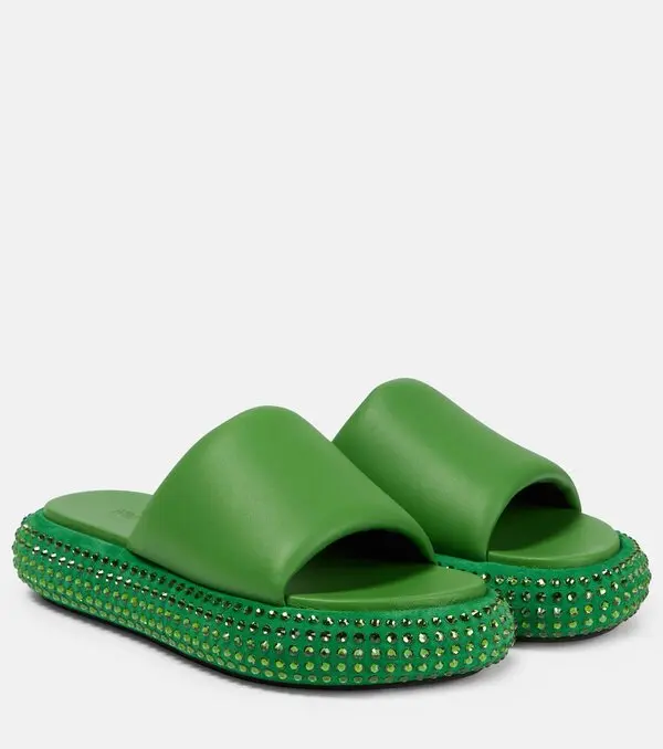 JW Anderson Embellished Leather Slides - Green