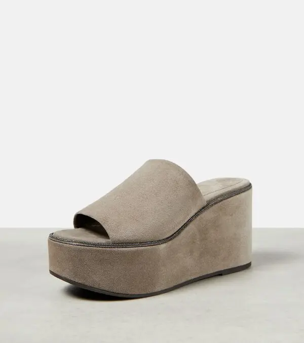 Brunello Cucinelli Suede Platform Slides - Grey