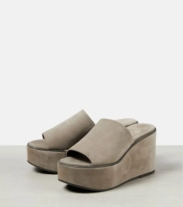 Brunello Cucinelli Suede Platform Slides - Grey