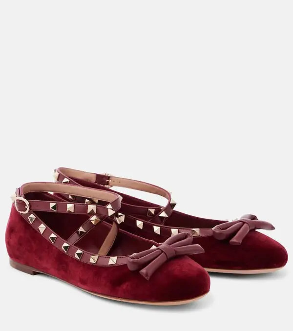 Valentino Garavani Rockstud Velvet Ballet Flats - Burgundy