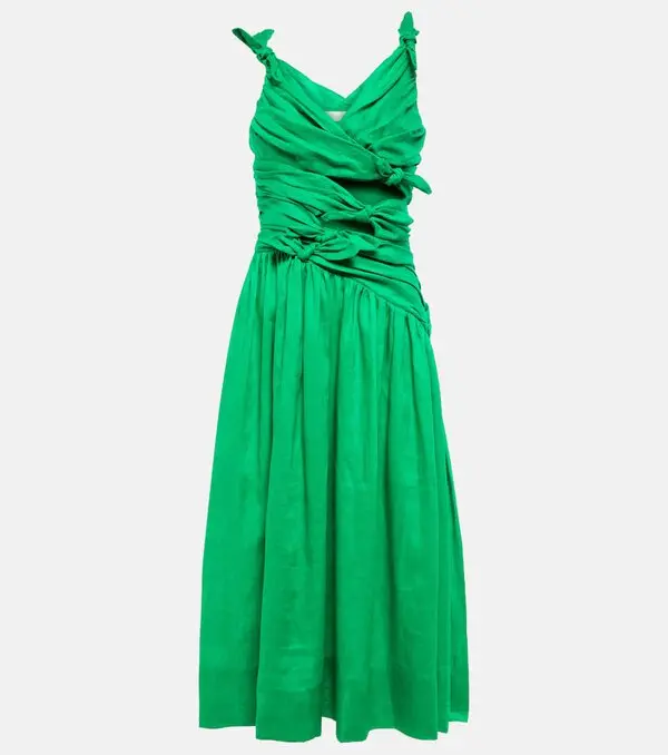Zimmermann Tiggy Ruched Linen Midi Dress - Green