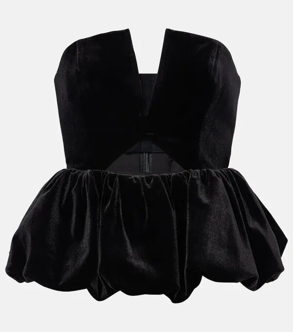 SELF-PORTRAIT Cutout Peplum Velvet Bandeau Top - Black