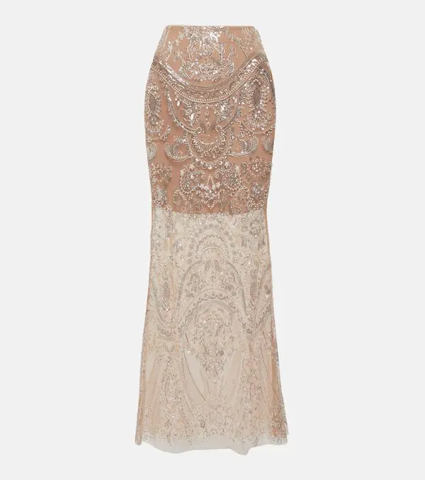 SELF-PORTRAIT Embellished Flared Maxi Skirt - Silver