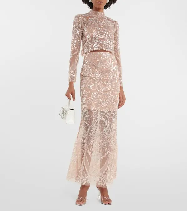 SELF-PORTRAIT Embellished Flared Maxi Skirt