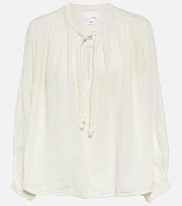 Velvet By Graham & Spencer Tie-neck Cotton Blouse - White