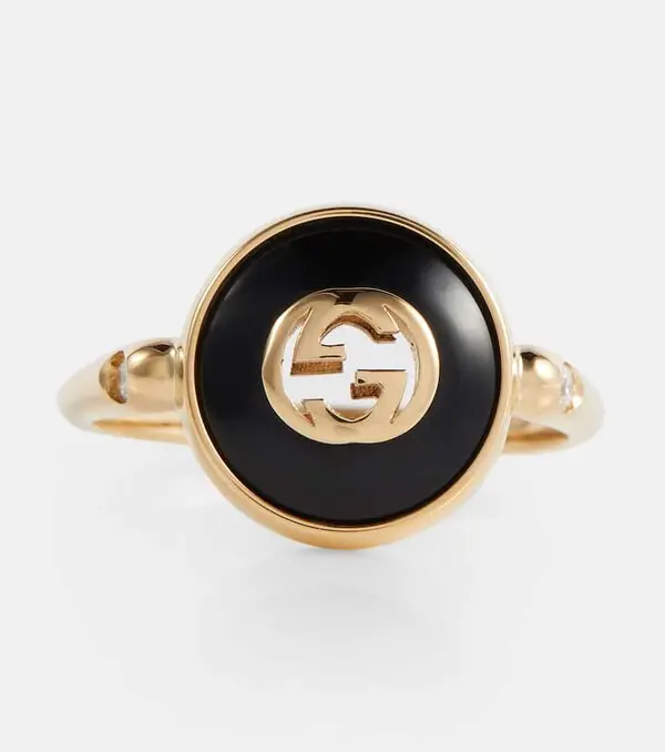 Gucci Interlocking G Onyx And Diamond Ring - Gold