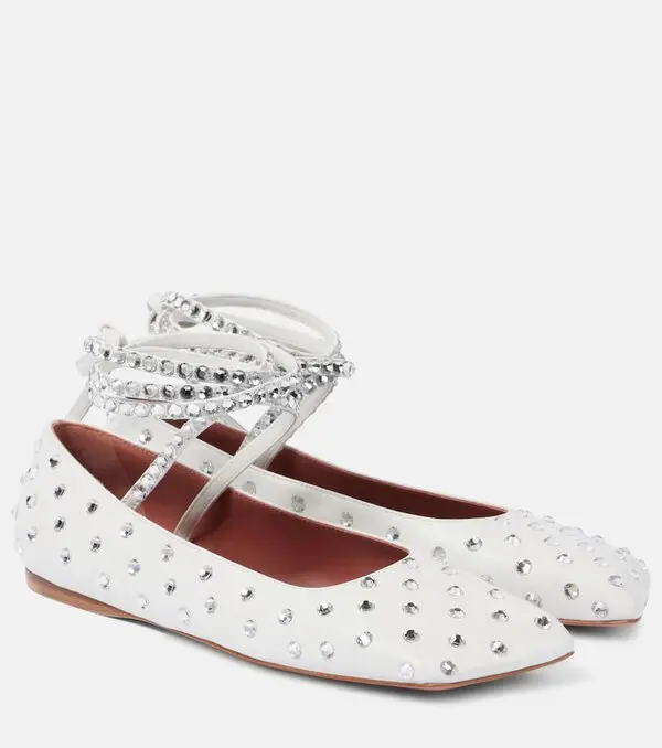 Amina Muaddi Crystal-embellished Leather Flats
