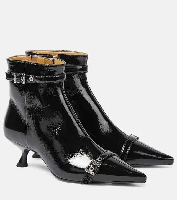 GANNI Buckled Faux Leather Pointed Toe Ankle Boots