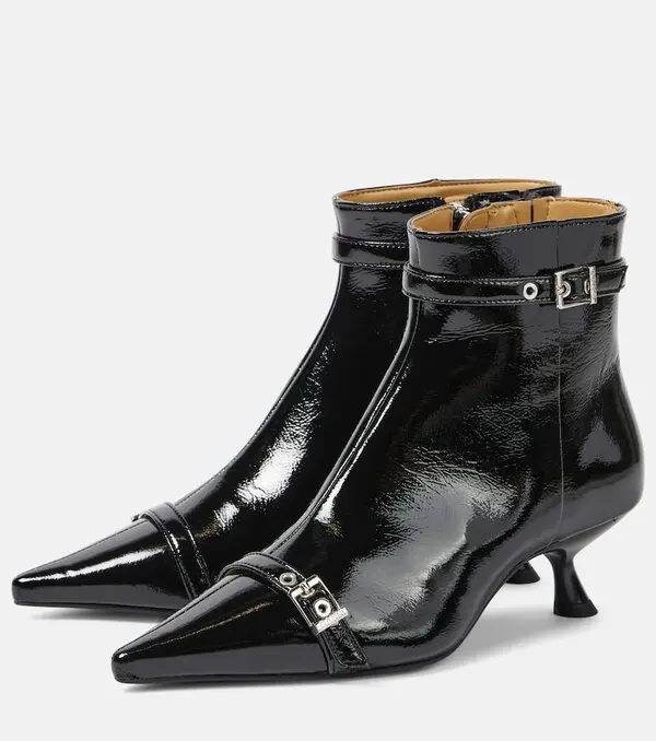 GANNI Buckled Faux Leather Pointed Toe Ankle Boots